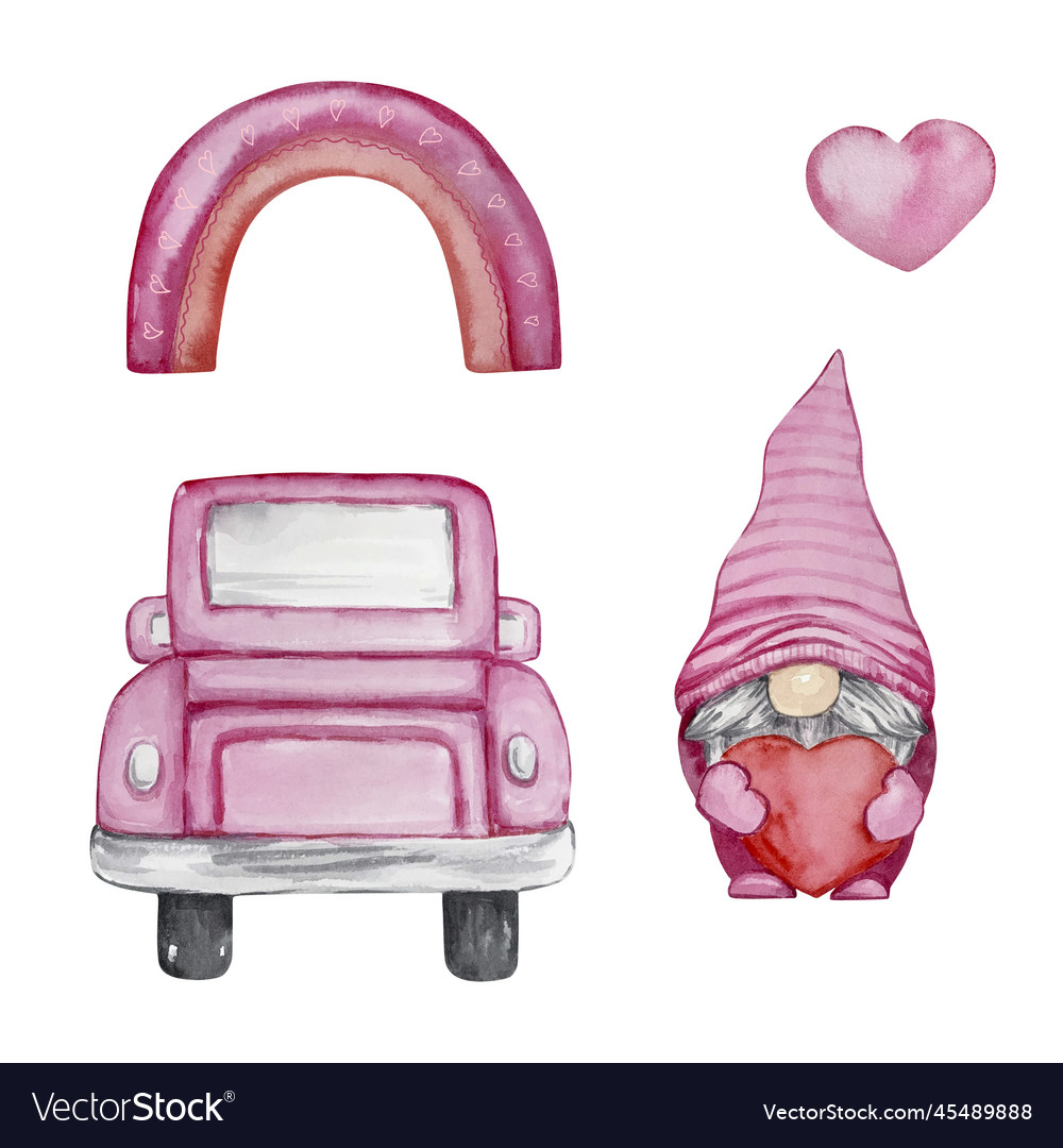 Watercolor valentines day gnome and car Royalty Free Vector