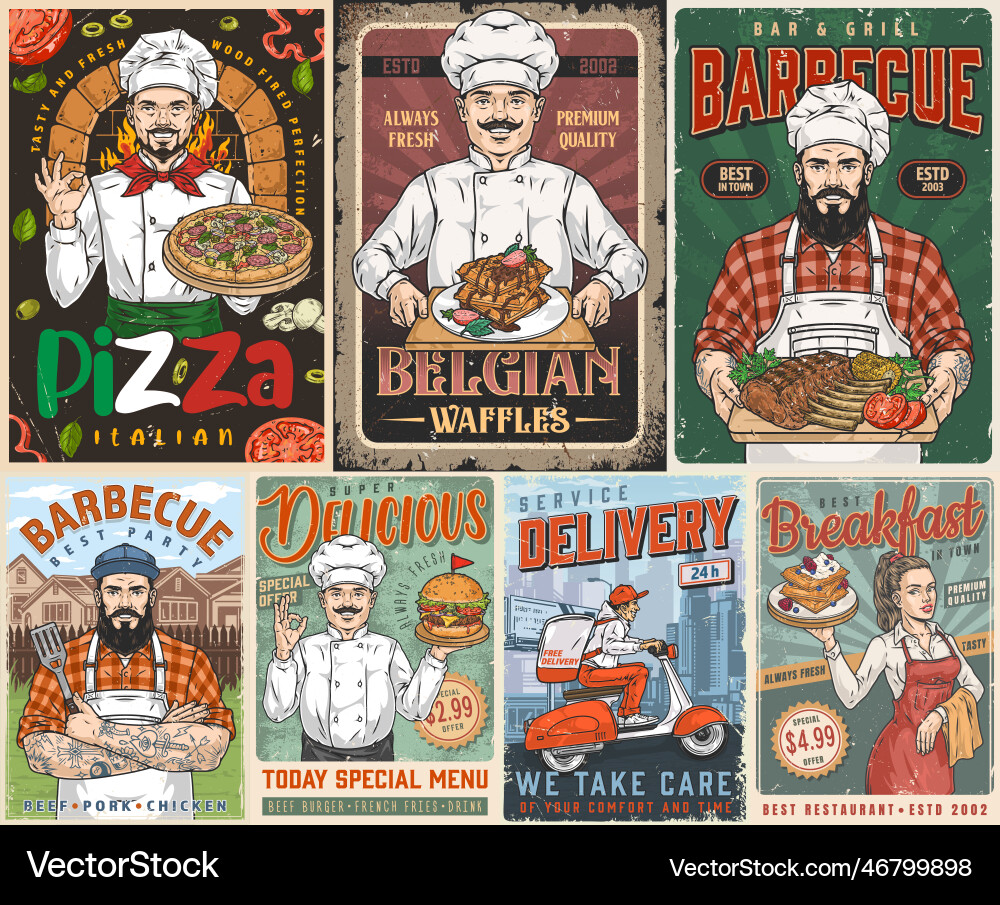 Horeca industry set flyers colorful Royalty Free Vector