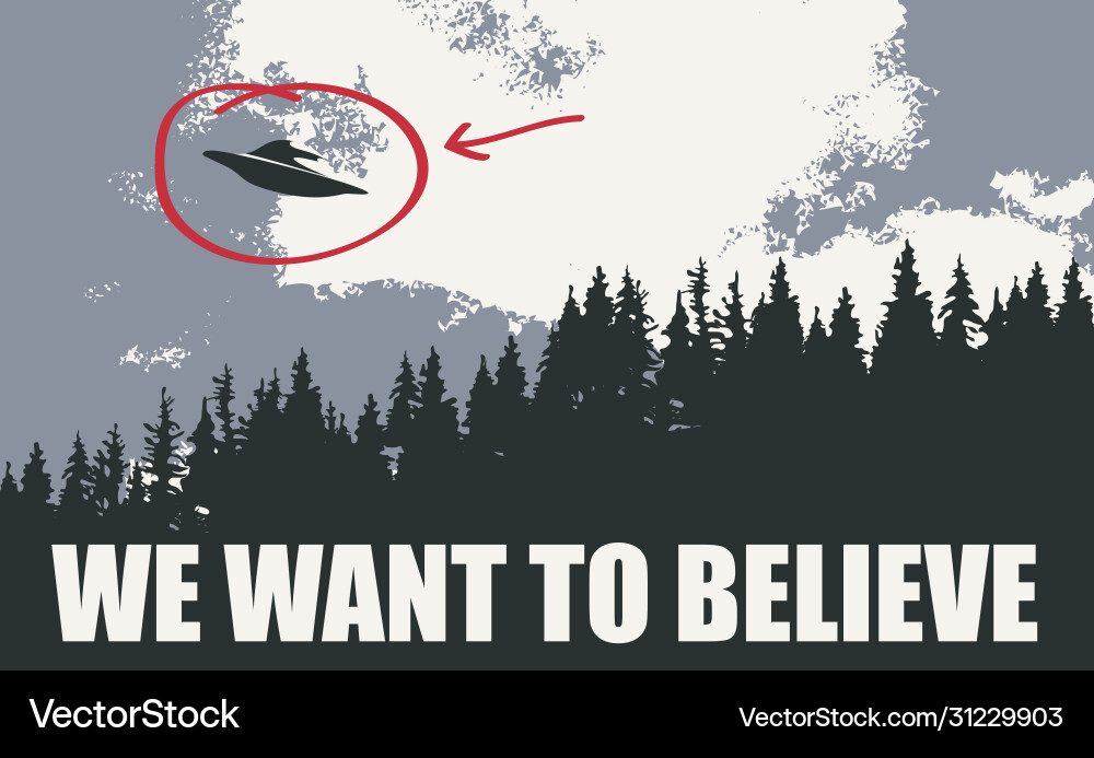 Banner with a flying ufo over forest Royalty Free Vector