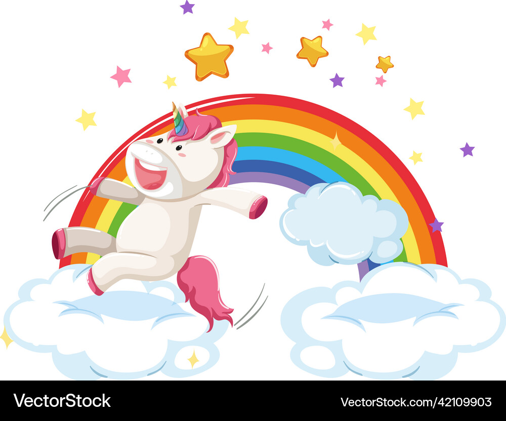 Pink unicorn jumping on a cloud with rainbow Vector Image