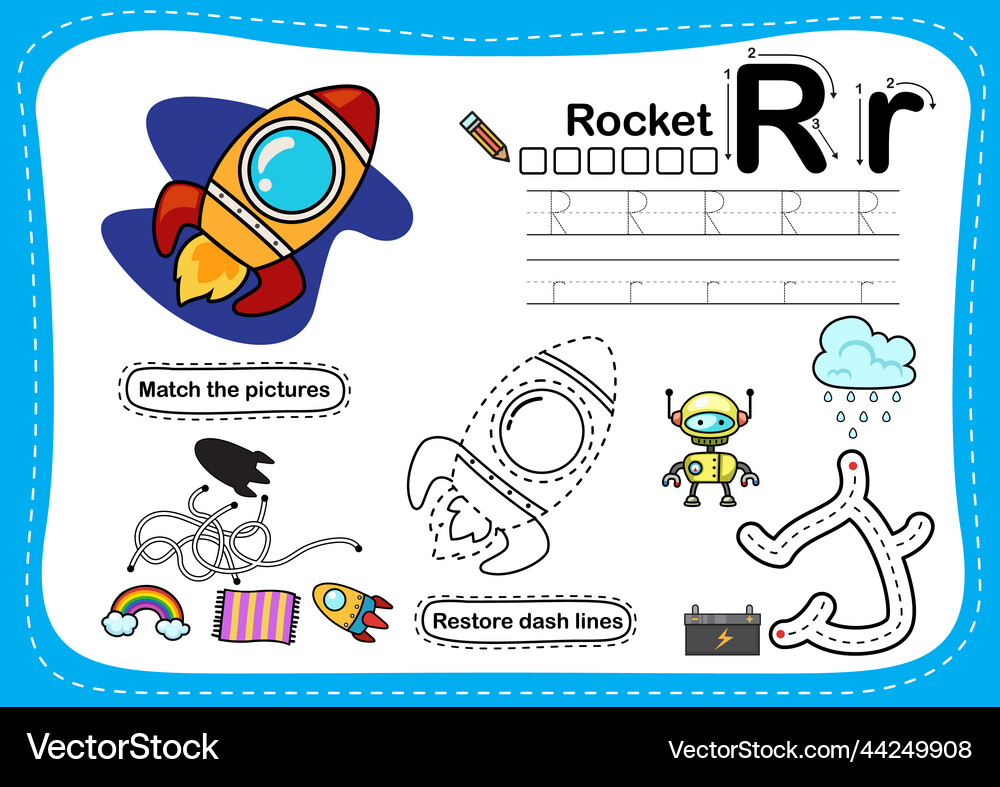 Alphabet letter r - rocket exercise with cartoon Vector Image