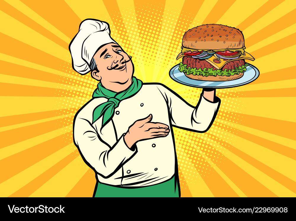 Chef with burger cooking fast food restaurant Vector Image