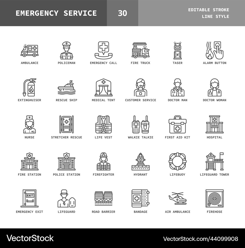 Emergency services line style icons set Royalty Free Vector