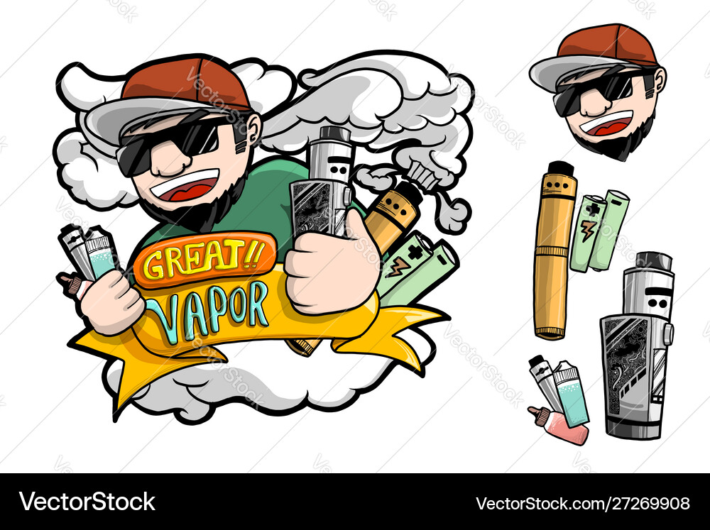 Vaporizer man with his vapor set Royalty Free Vector Image