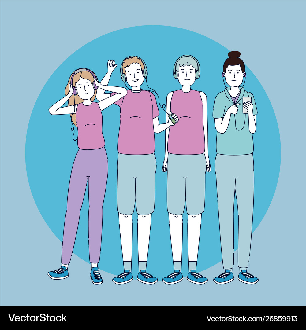 Group people listen music with player Royalty Free Vector