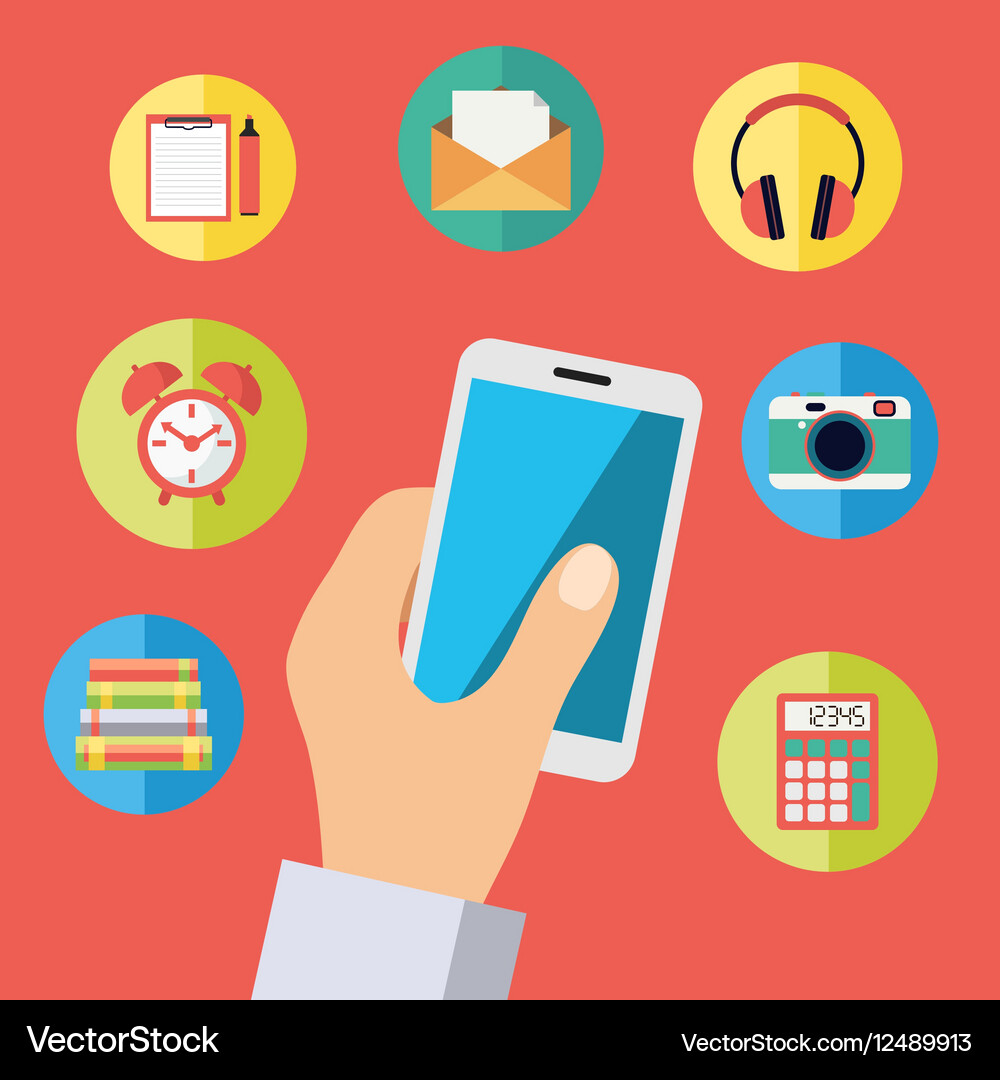 Hand holding cell phone with icons Royalty Free Vector Image