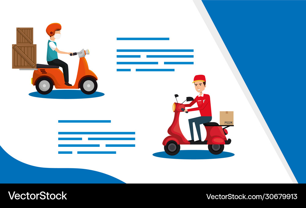 Set banner with delivery workers in motorcycles Vector Image
