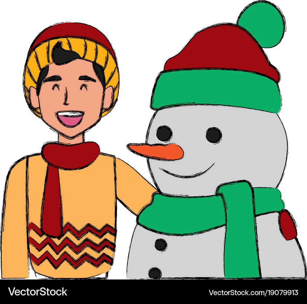 Snowman with boy winter cartoon Royalty Free Vector Image