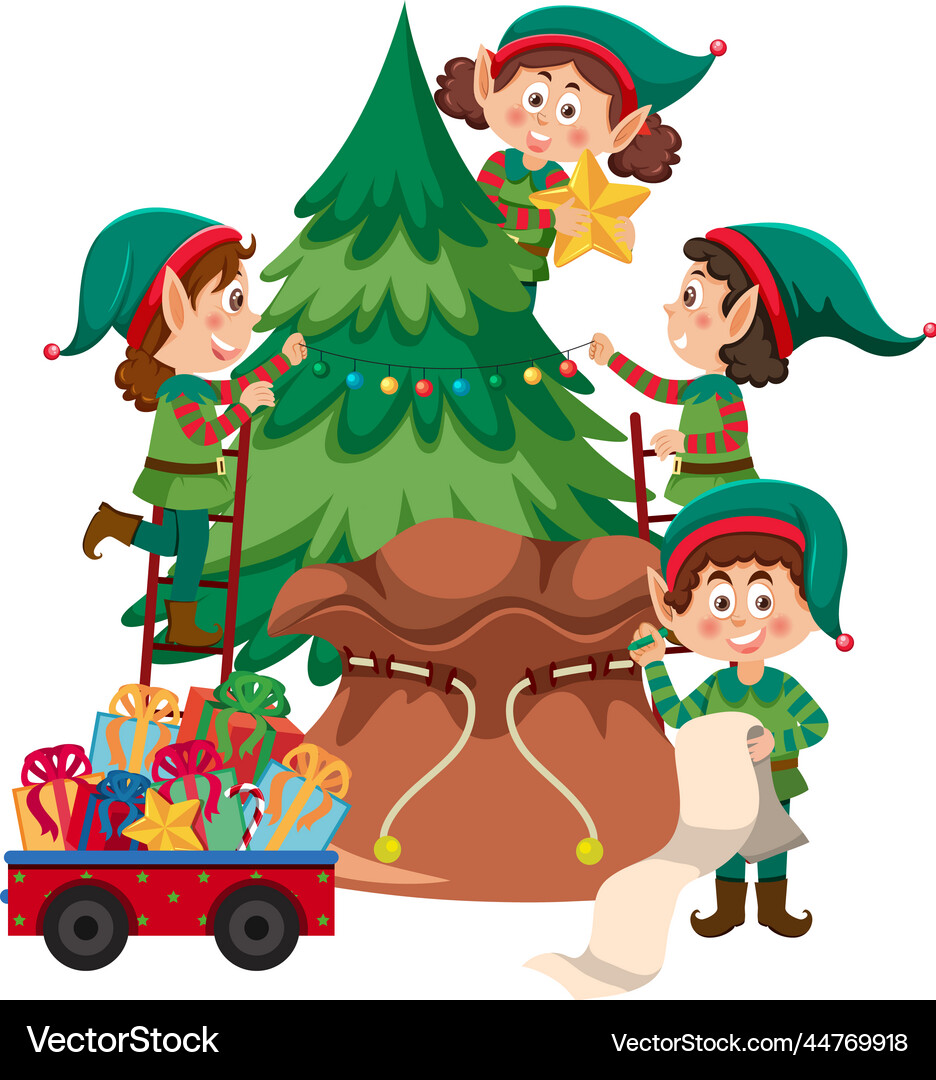 Christmas elf kids with tree Royalty Free Vector Image