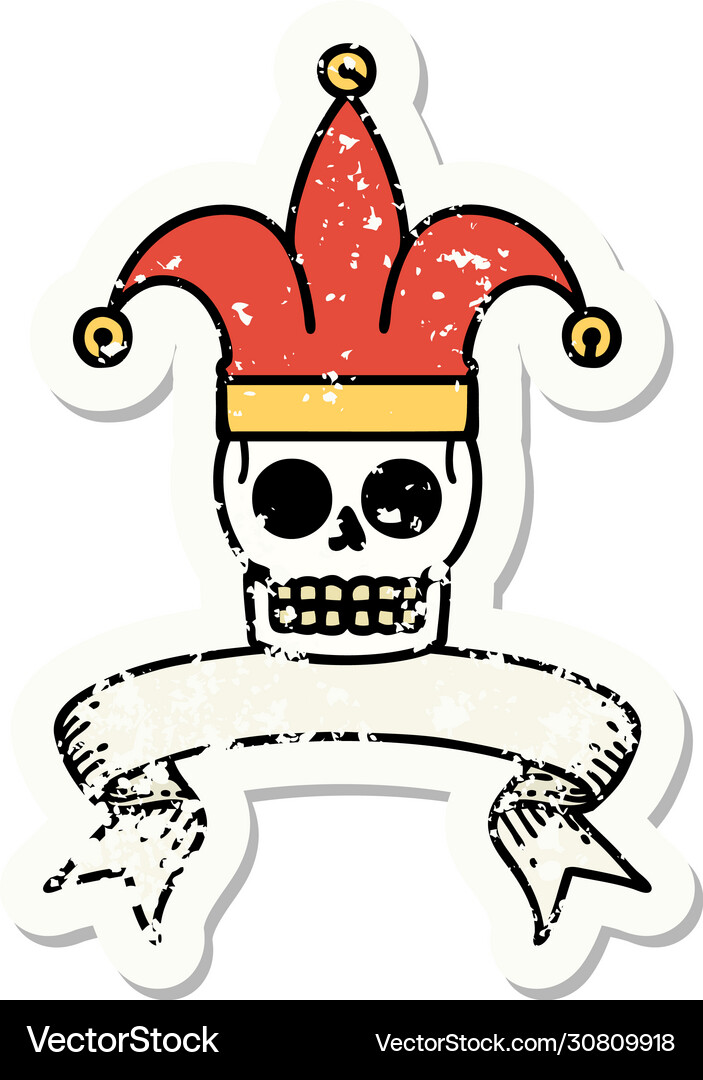 Grunge sticker with banner a skull jester Vector Image