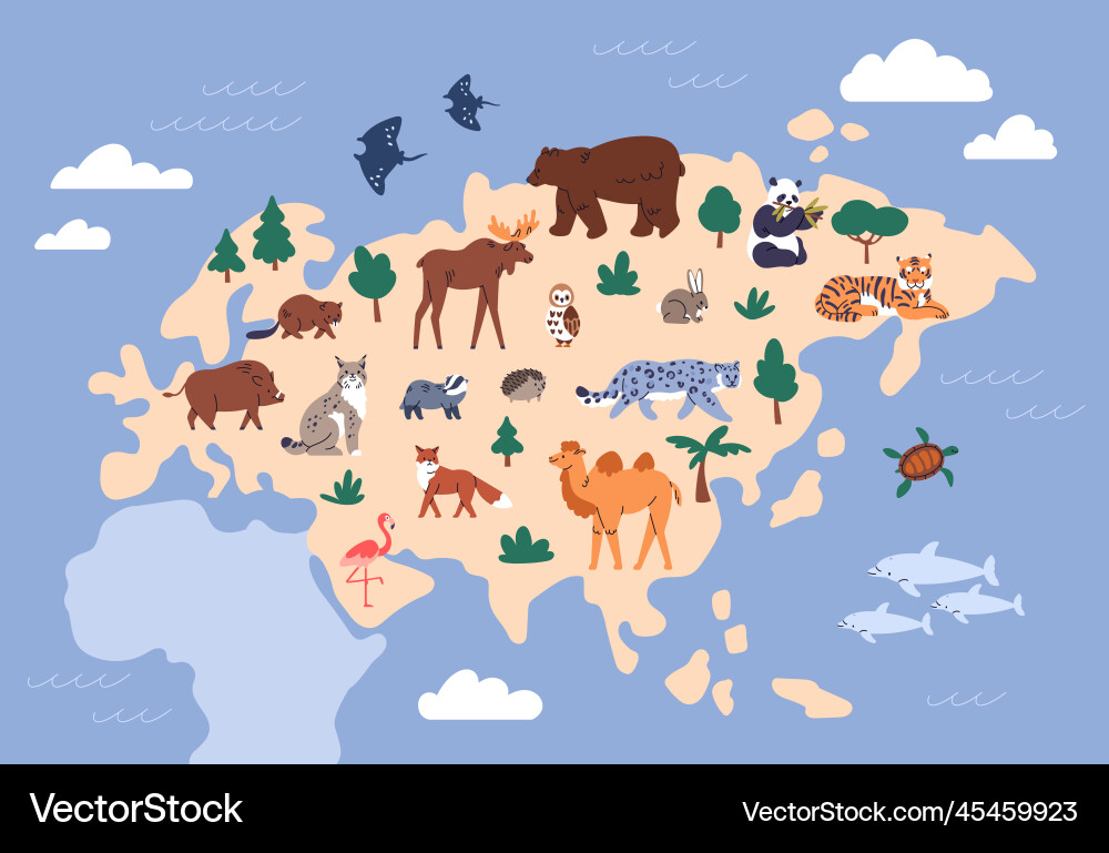 Animals on eurasia map cute wild eurasian mammals Vector Image