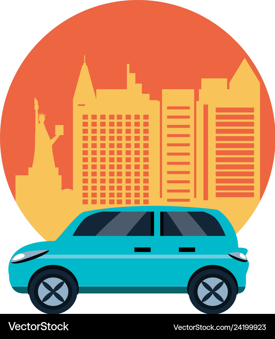 Car sedan in cityscape frame circular Royalty Free Vector