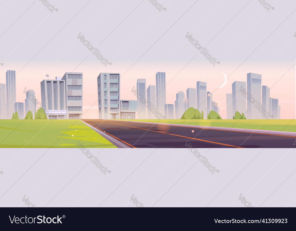 Empty highway road to city early morning landscape