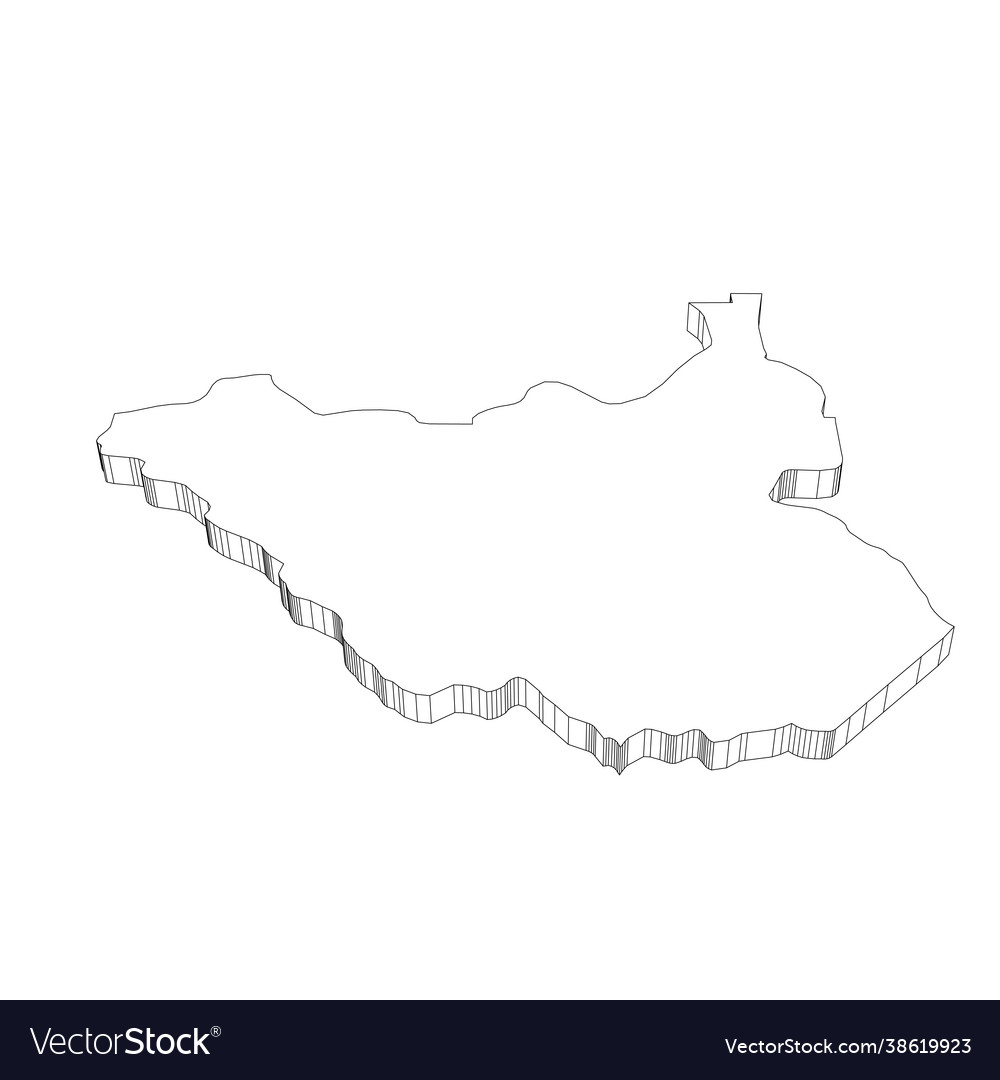 South sudan - 3d black thin outline silhouette map