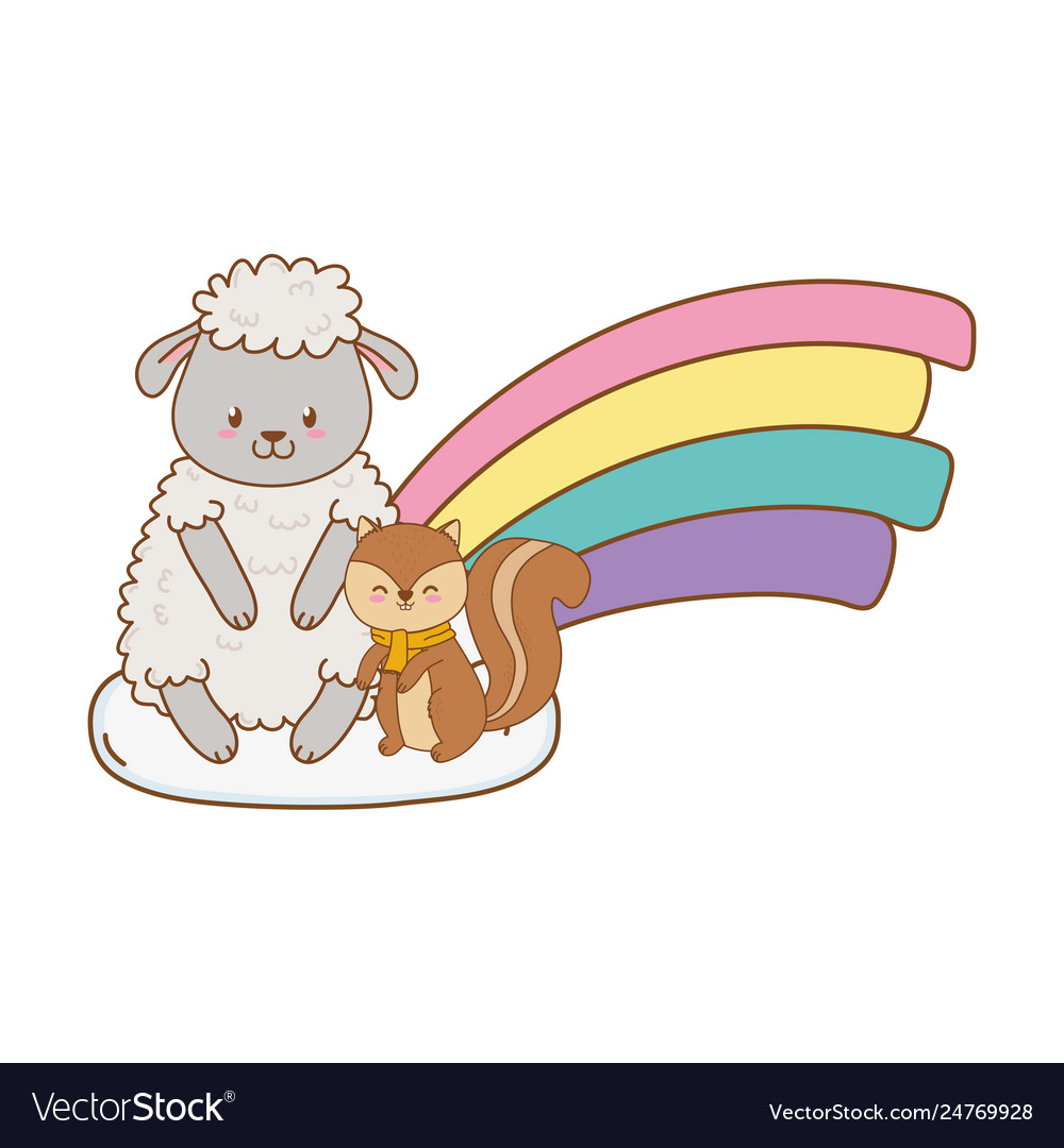 Cute animals in clouds with rainbow woodland Vector Image