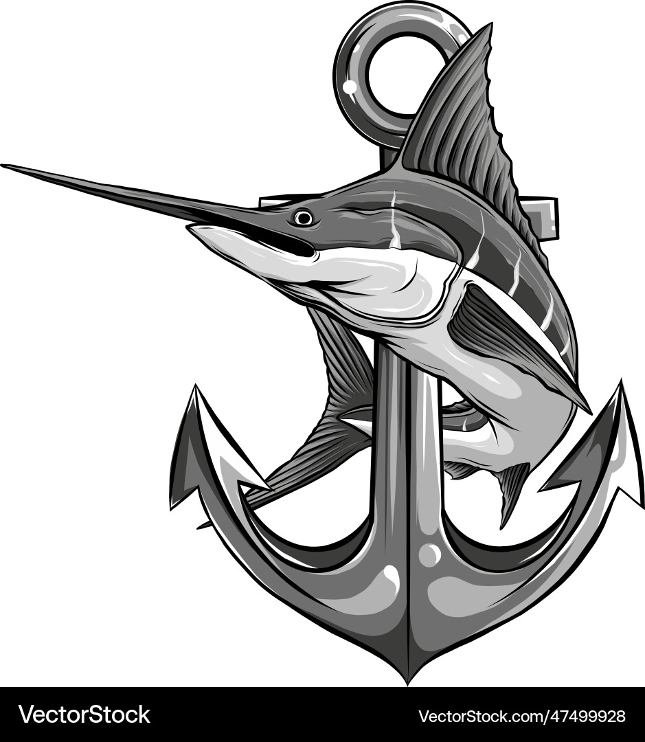 Monochromatic marlin fish with anchor on white Vector Image