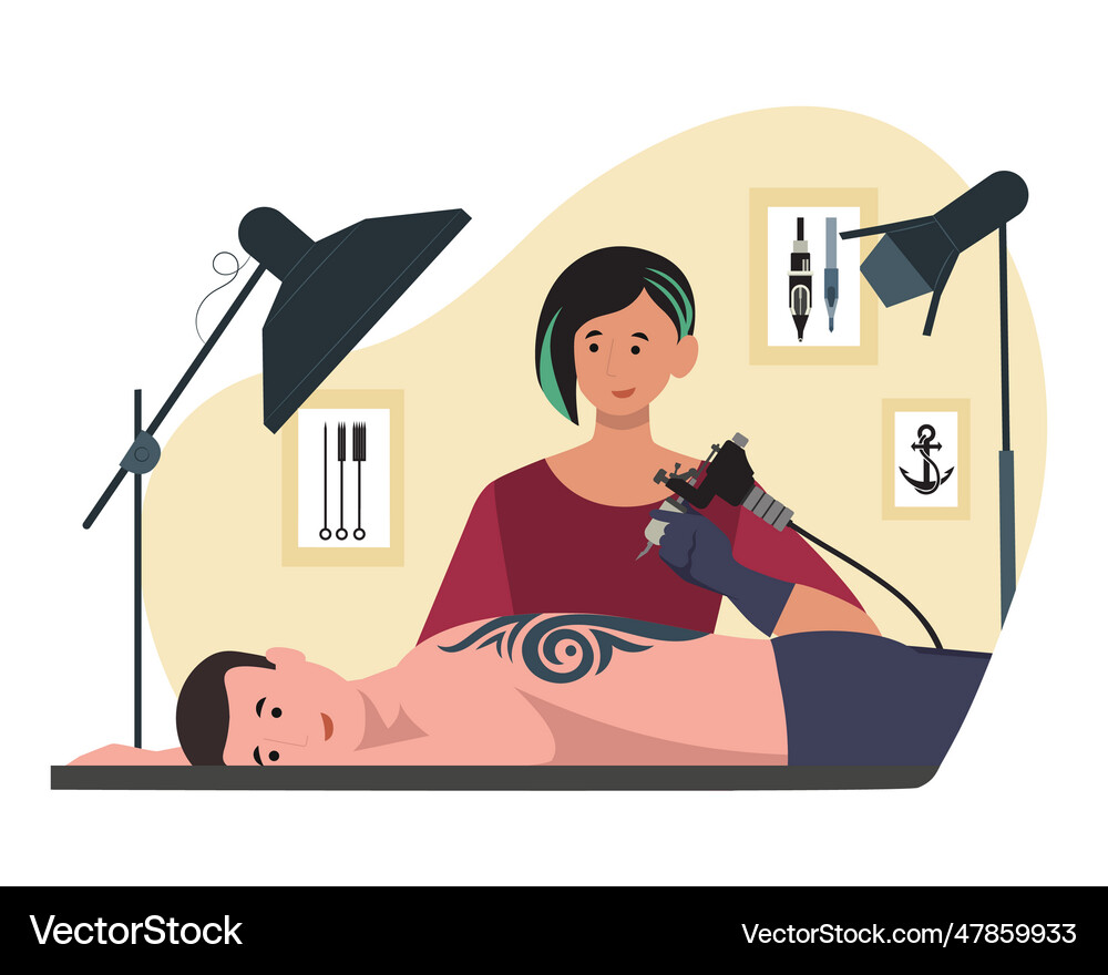 Client lying on couch tattoo artist making tattoo Vector Image