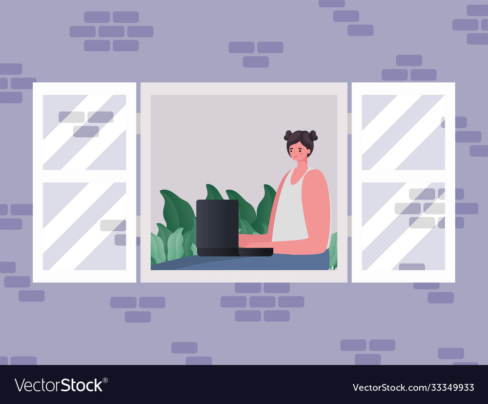 Woman with laptop working at window design Vector Image