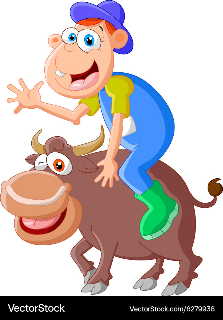 Cartoon bull with riding men Royalty Free Vector Image