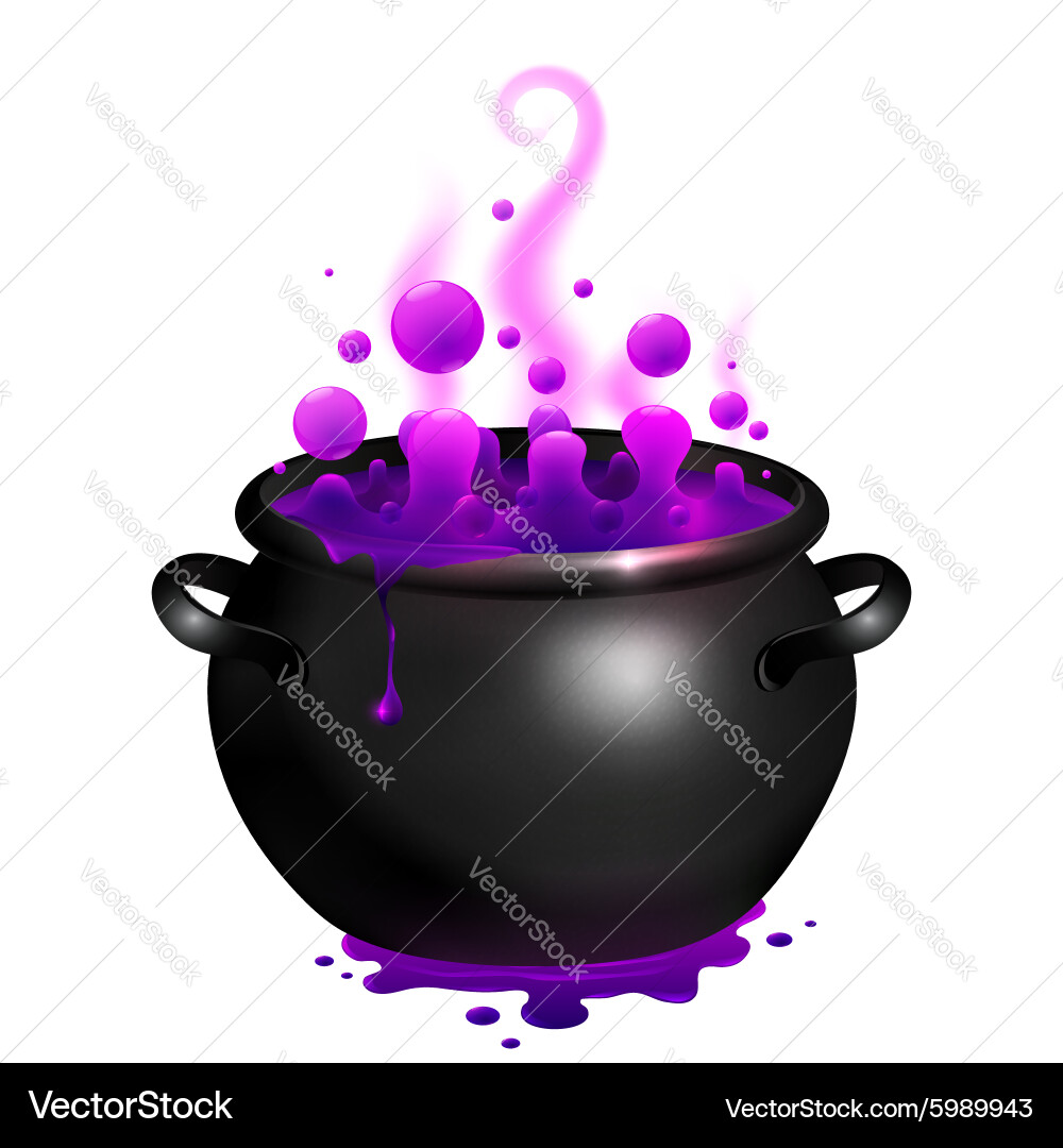Black cauldron with purple witches magic Vector Image