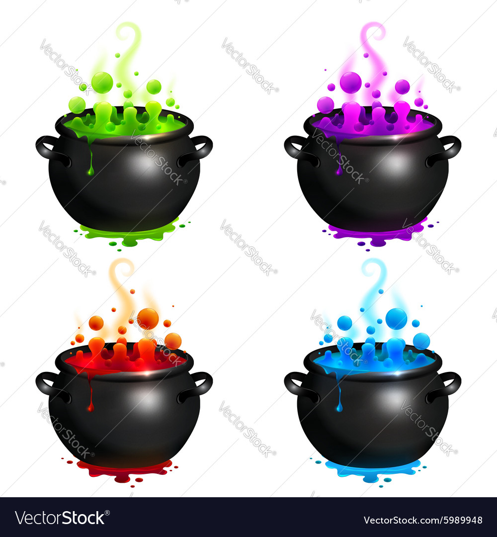 Black cauldrons set with colorful witches Vector Image