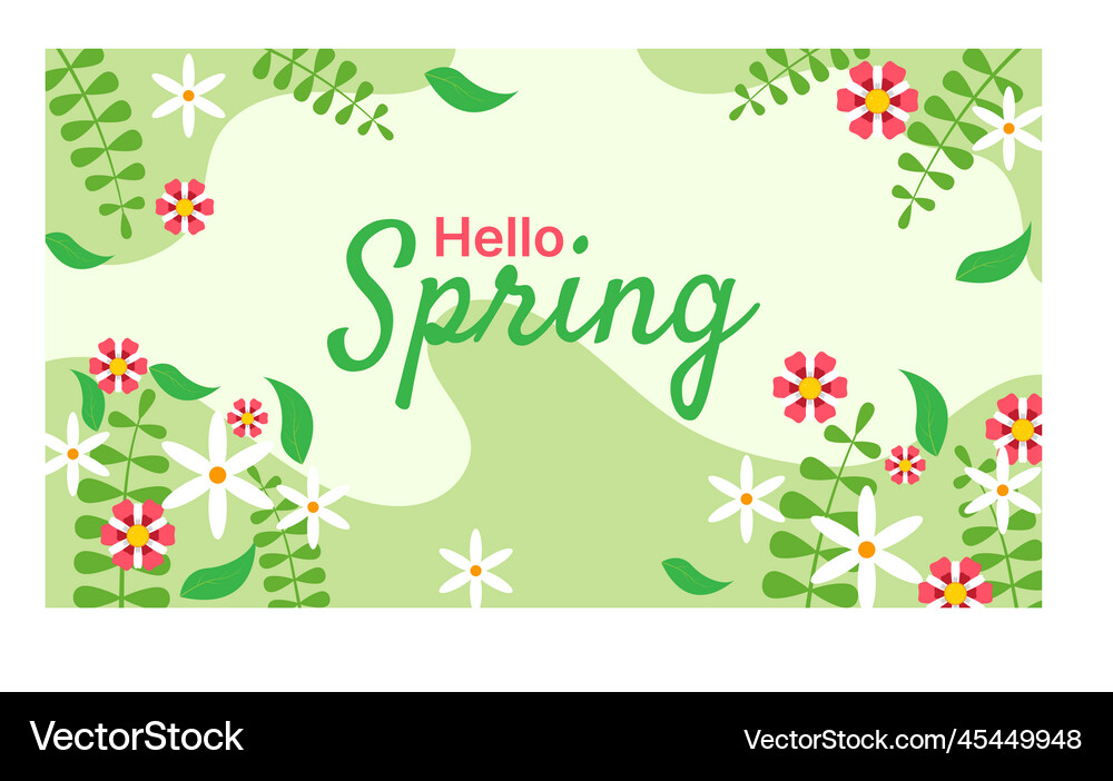 Hello spring banner with flat flowers and leaves Vector Image