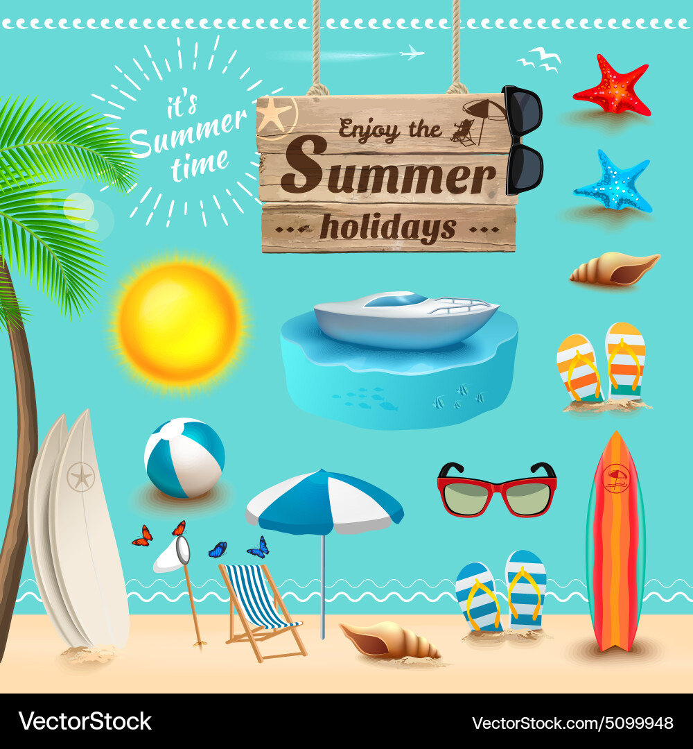 Set of realistic summer icons and objects Vector Image