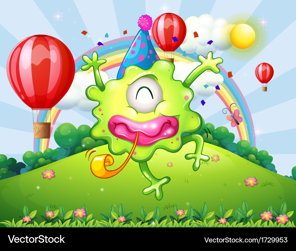 A hilltop with happy monster jumping Royalty Free Vector