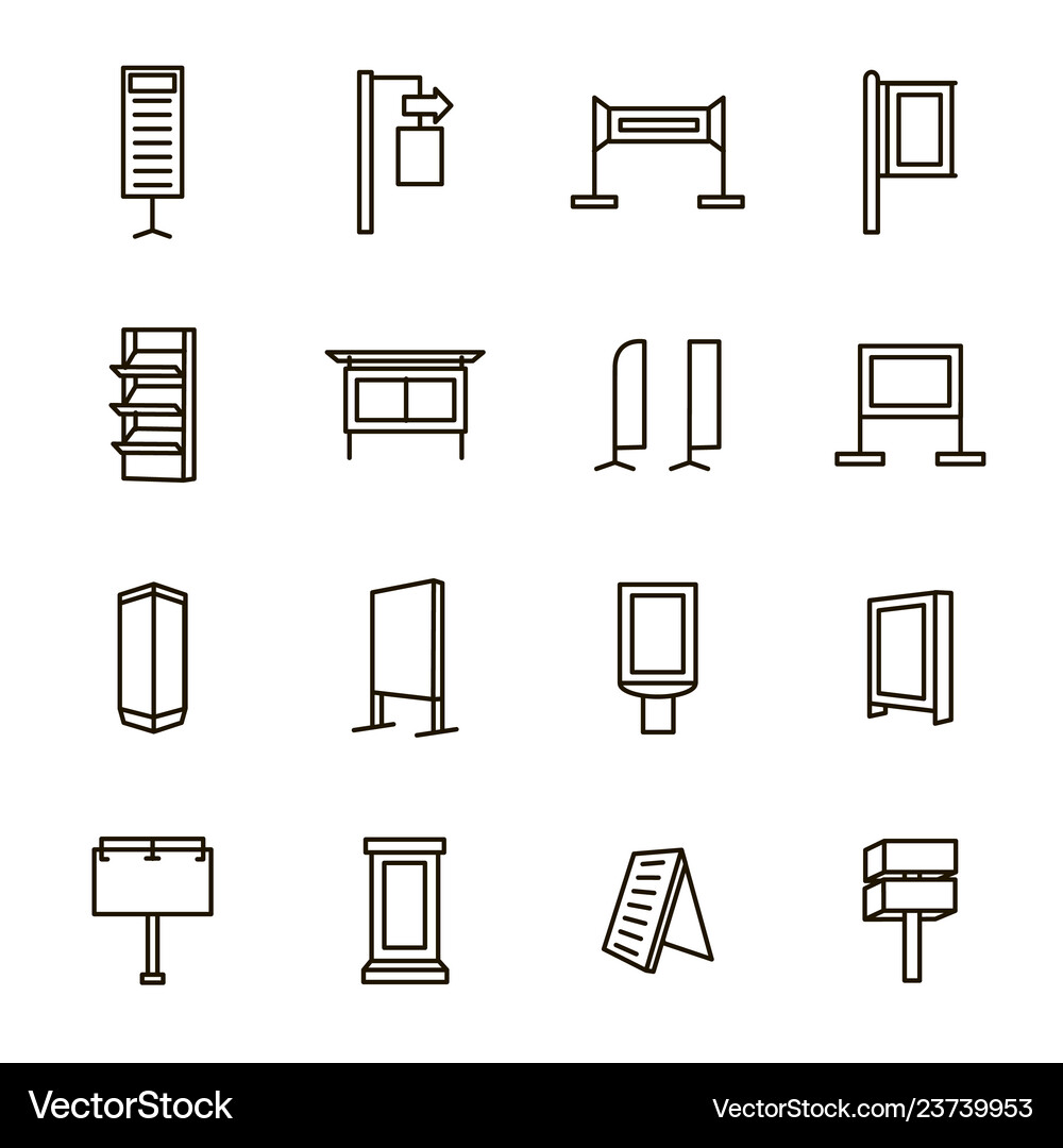 Exhibition stand signs black thin line icon set Vector Image