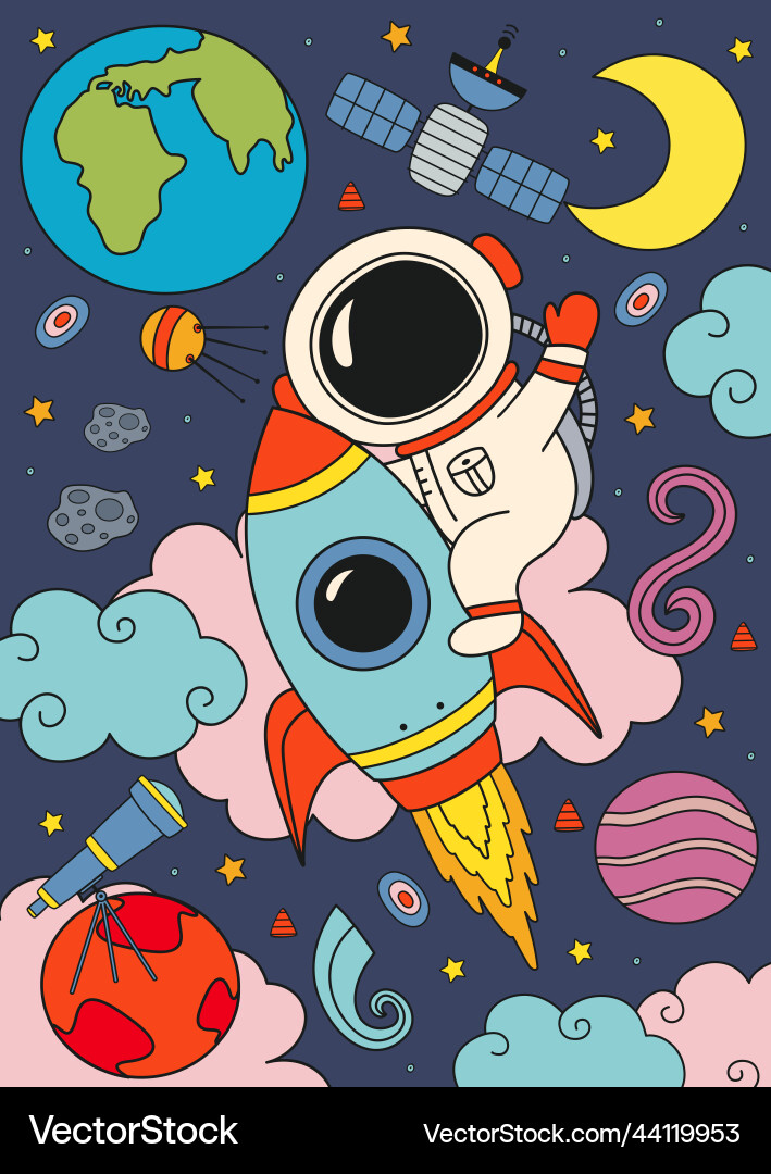 Poster with cute astronaut flying on a rocket Vector Image