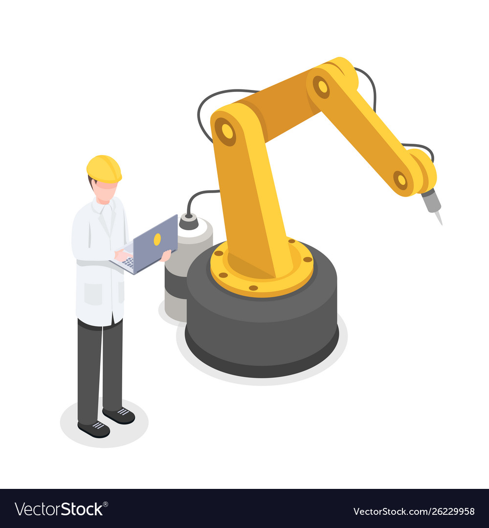 Coder programmer controlling robotic arm manually Vector Image