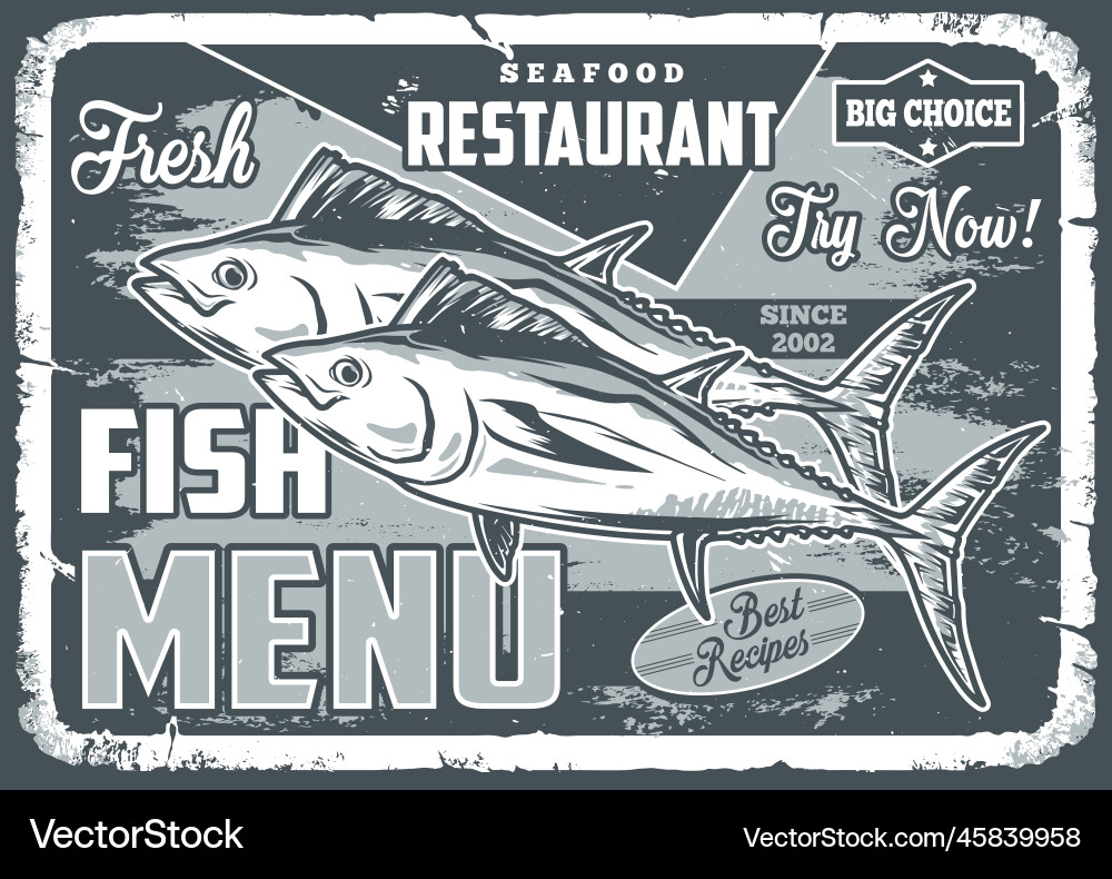 Fish menu vintage poster monochrome Royalty Free Vector