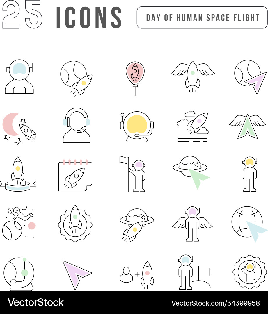 Line icons day human space flight Royalty Free Vector Image