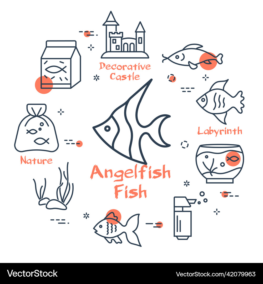 Line art aquarium concept angel fish Royalty Free Vector
