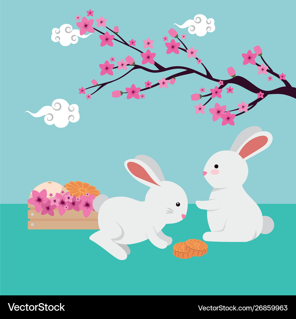 Rabbits couple with chinese tree branch Royalty Free Vector