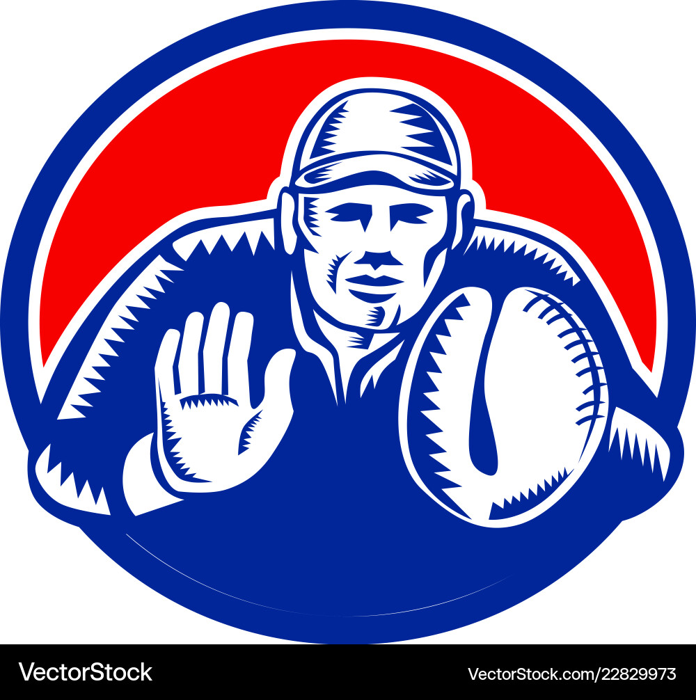 Baseball catcher oval woodcut Royalty Free Vector Image