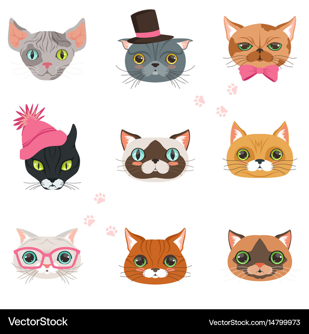 Set funny cats heads different breeds Royalty Free Vector