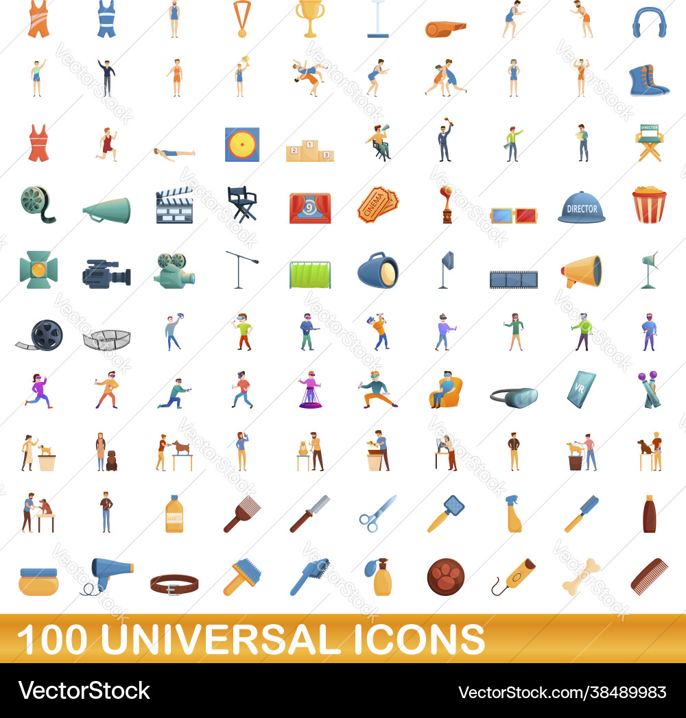 100 universal icons set cartoon style Royalty Free Vector