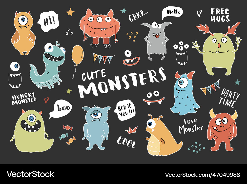 Cute monsters set cartoon collection Royalty Free Vector