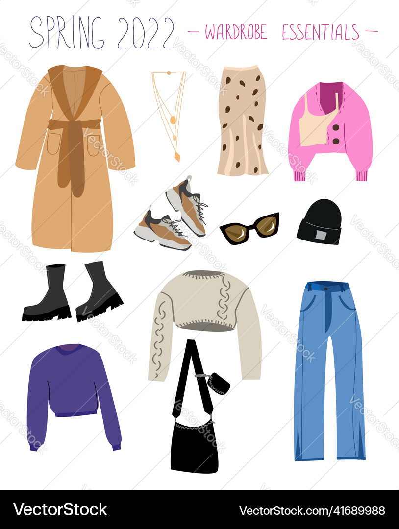 Set of modern spring outfit essentials Royalty Free Vector