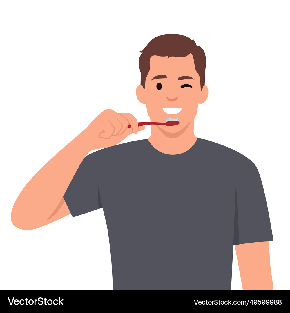 Smiling young man brushing teeth with toothbrush Vector Image
