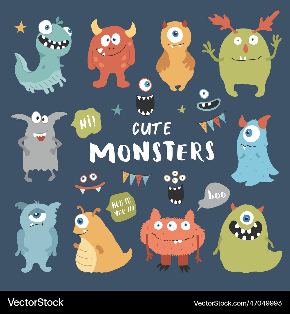 Cute monsters set cartoon monsters collection Vector Image