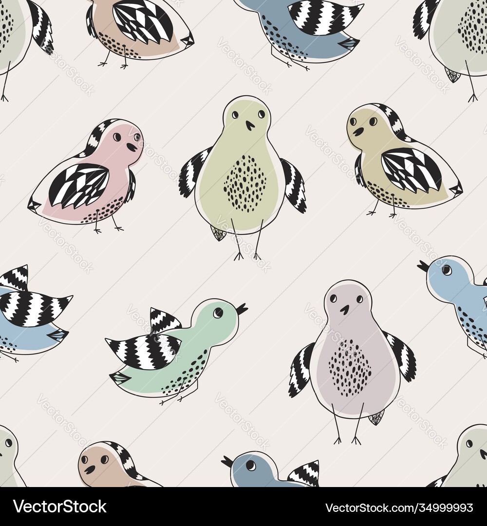Cute pattern with colorful hand drawn doodle birds