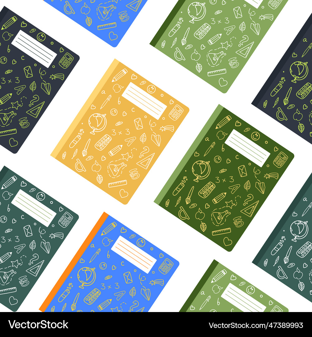 Seamless pattern of colorful notebooks with doodle