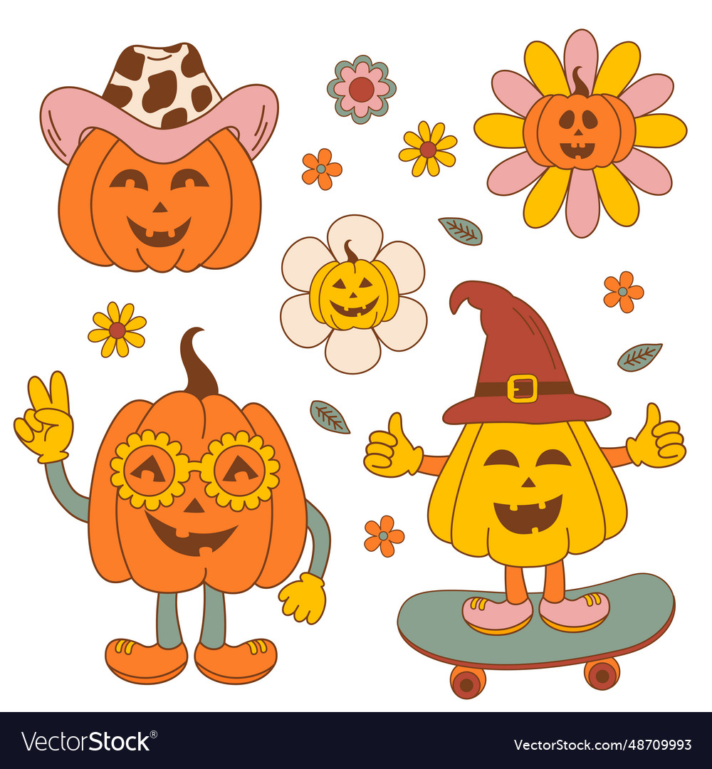 Set of isolated groovy retro halloween pumpkins Vector Image