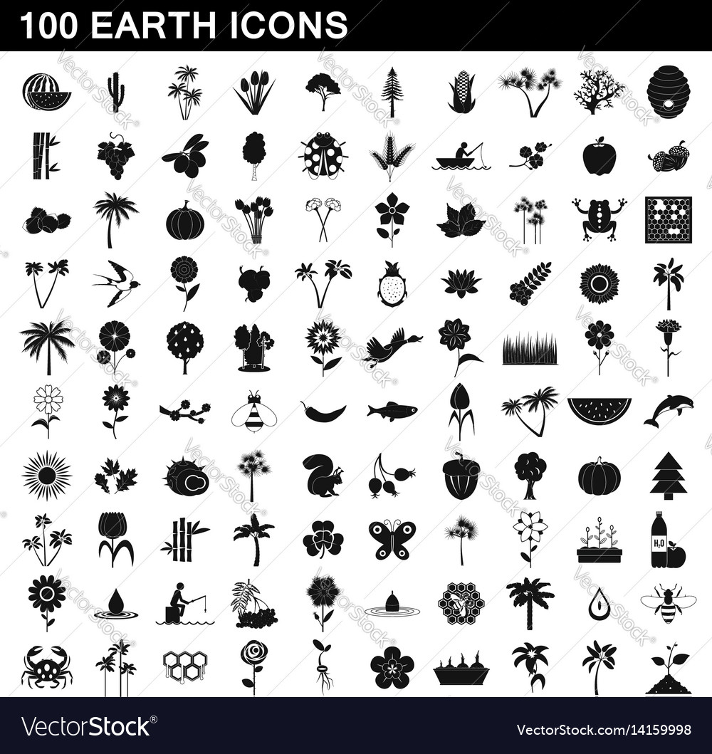 100 earth icons set simple style Royalty Free Vector Image