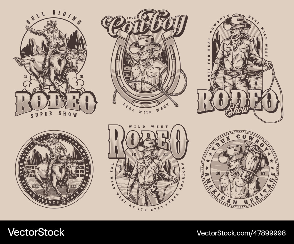 Cowboy rodeo set flyers monochrome Royalty Free Vector Image