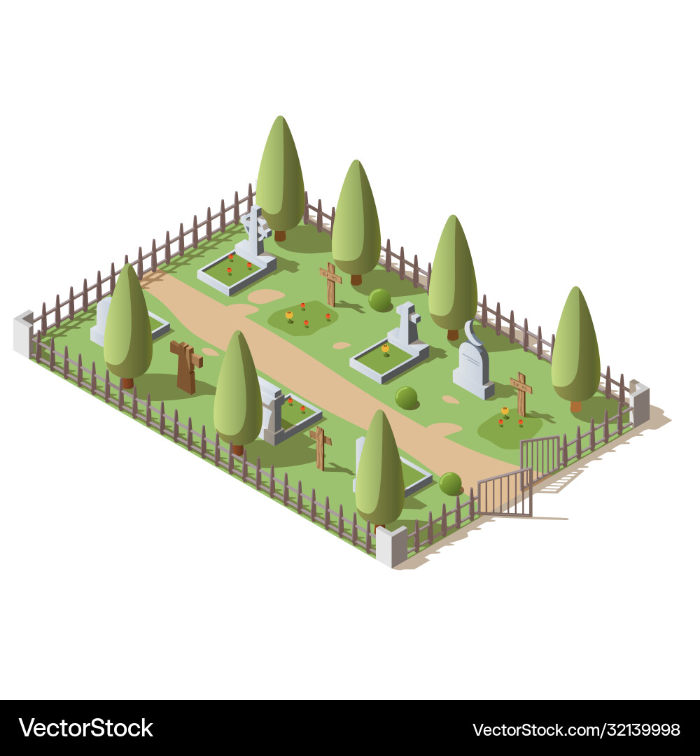 Isometric cemetery for deaded with crosses and Vector Image