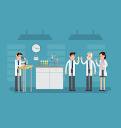 Male scientist with microscope and flasks with Vector Image