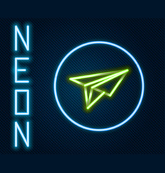 Glowing neon paper plane icon isolated on blue Vector Image